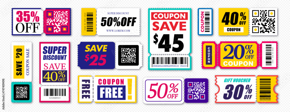 Collection of colorful discount coupons and vouchers featuring various ...