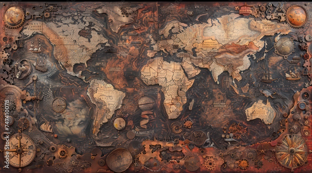 world map in the style of steampunk, playfully intricate, light brown ...