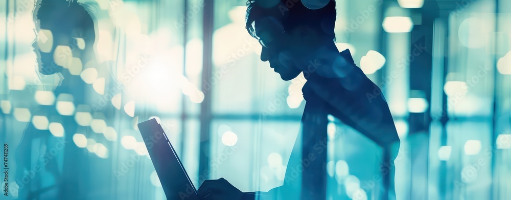 the business person is working on the laptop, in the style of ...