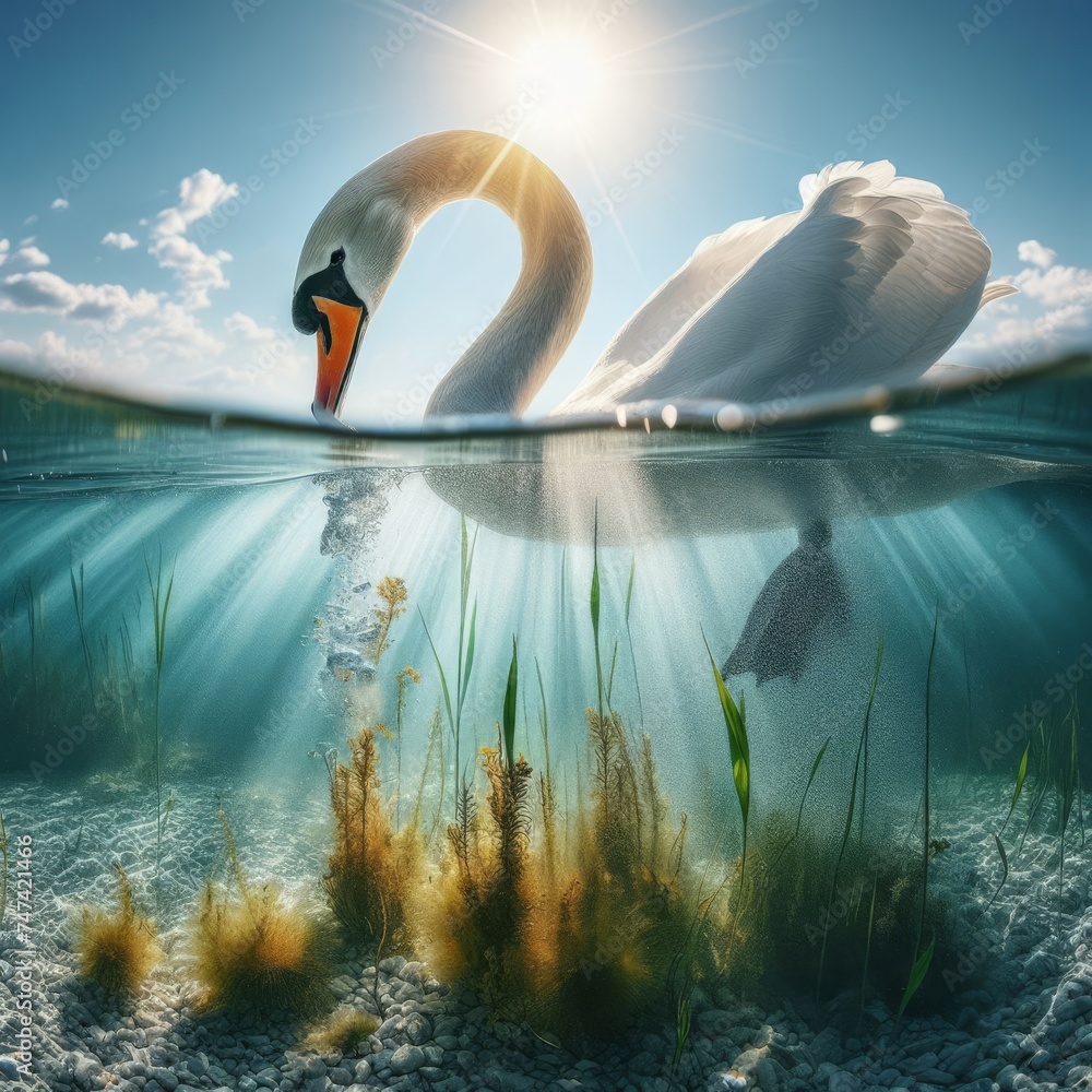 Split View of an elegant swan swimming and sifting through a crystal ...