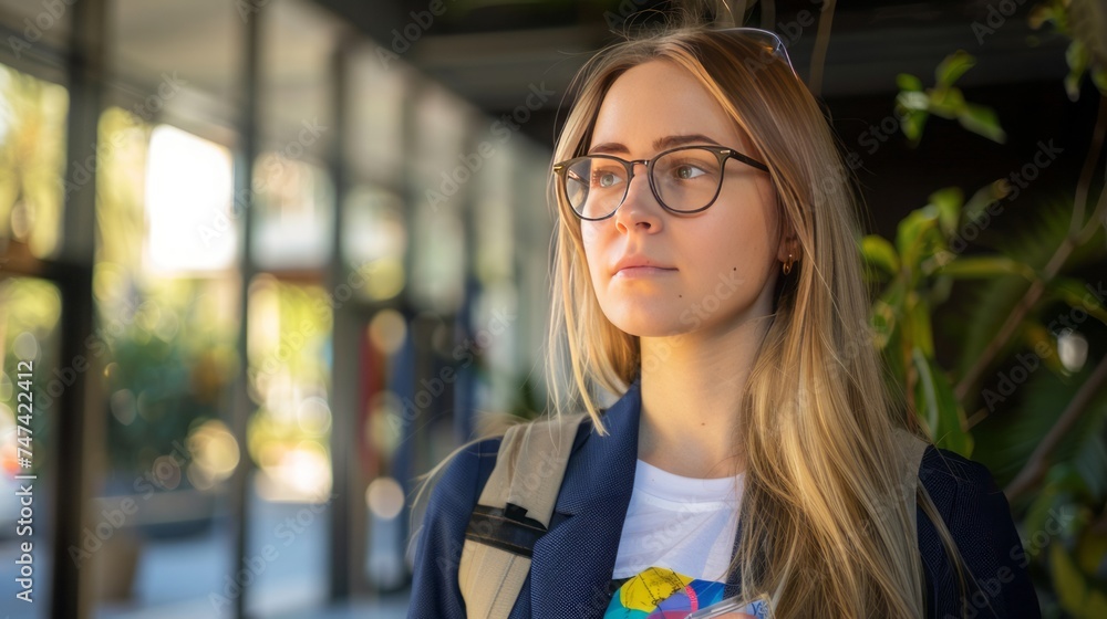 We see a 35 year old woman, she is pretty and has long blonde hair and ...