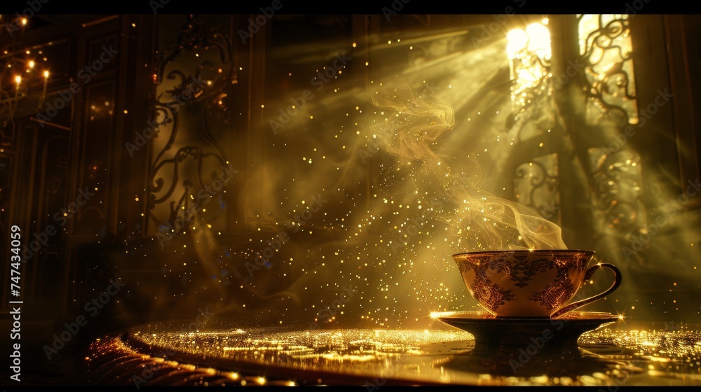 Magical scene of a cup of steaming tea in a room, golden light coming ...