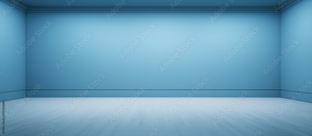 An empty room with light blue and dark blue walls and a white floor ...