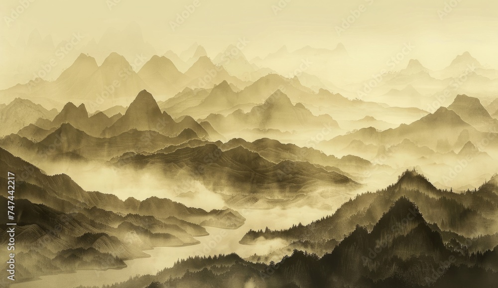 modern chinese landscape drawing wallpaper Generative AI Stock ...