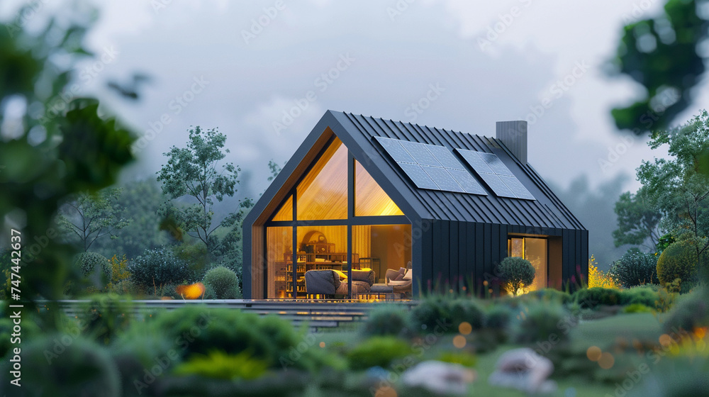 Solar panels on the gable roof of a contemporary home with large glass ...