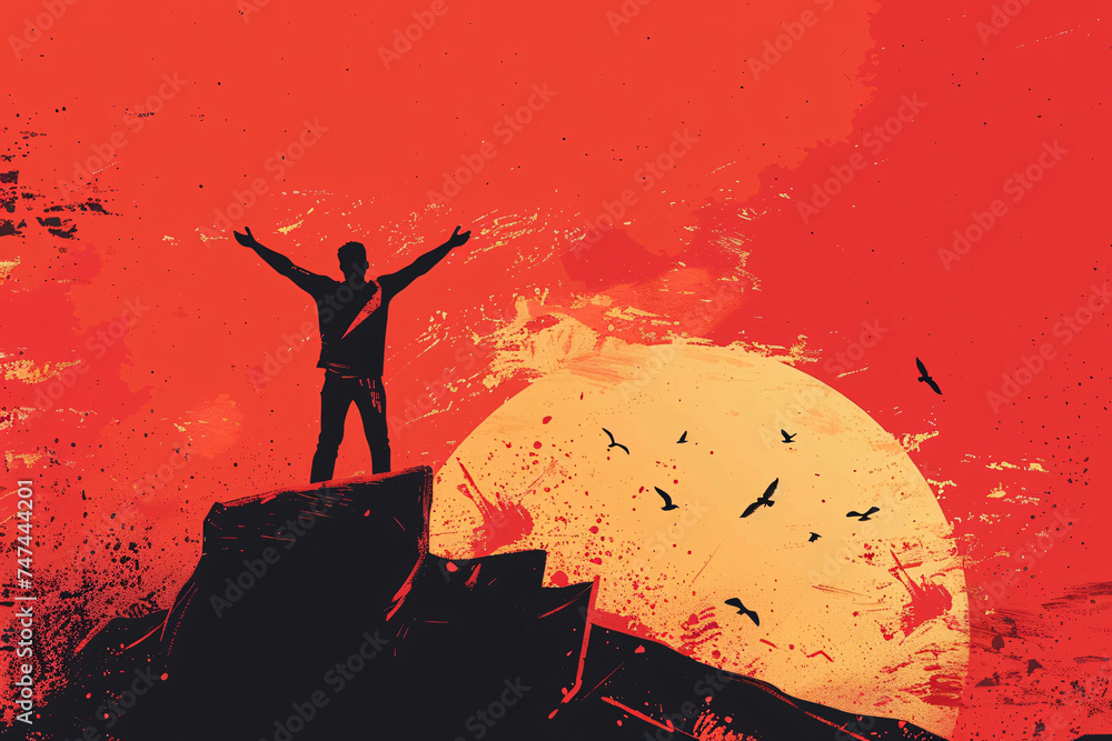 Elevated person with arms up in victory on a mountain summit at dusk ...