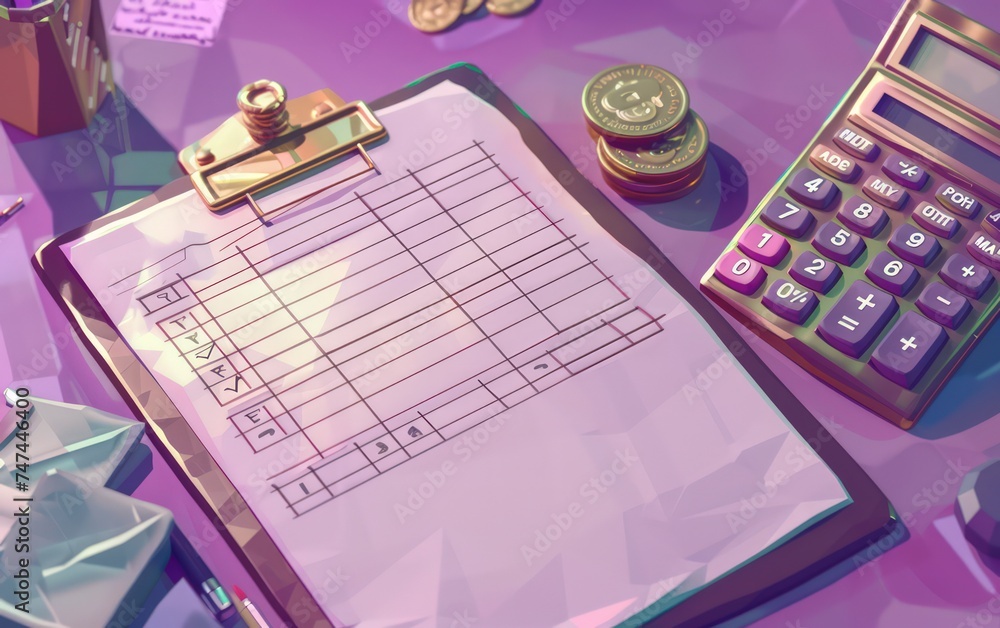 clipboard check list and calculator are set aside a clipboard, money ...