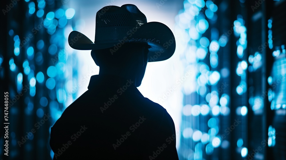 Ethical hacker wearing a white cowboy hat in a dark room illuminated by multiple screens ...