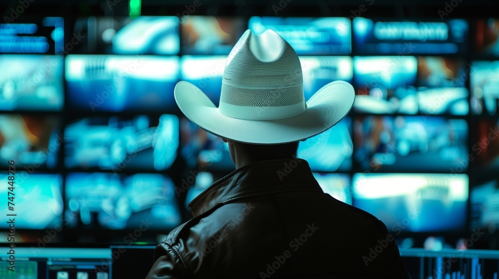 Ethical hacker wearing a white cowboy hat in a dark room illuminated by multiple screens ...