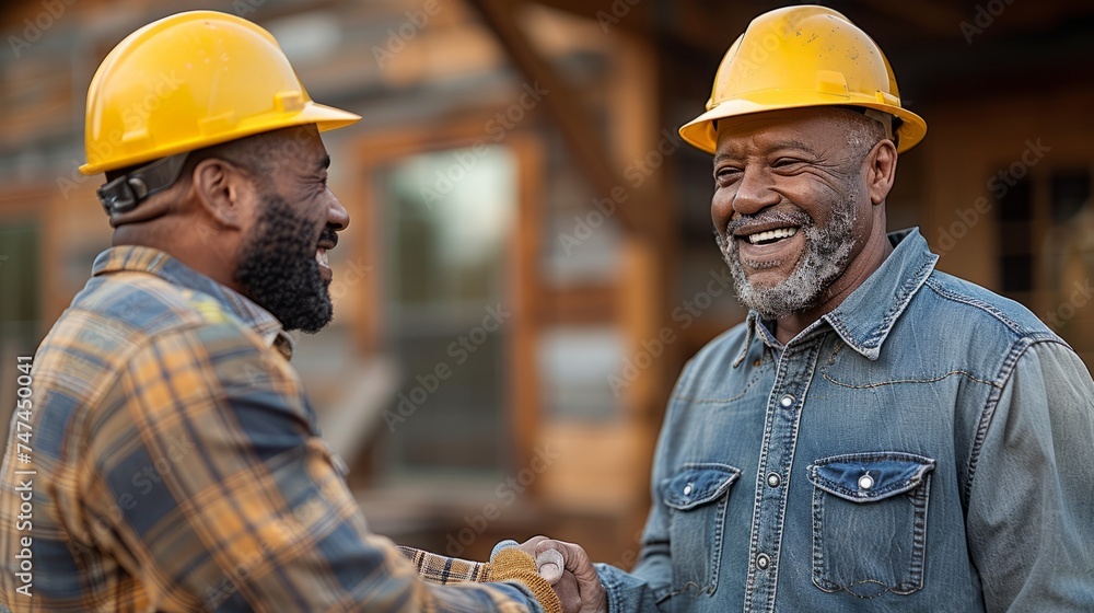 Professional contractor shakes hands with happy homeowner for interior ...
