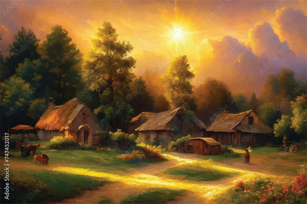 Oil painting of a Beautiful Village. Oil painting - houses in the ...