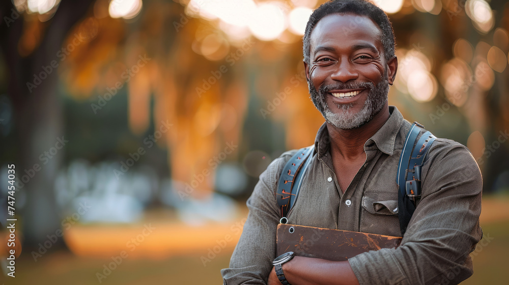 Radiant African American scouting coach, tall, muscular, smiling, age ...