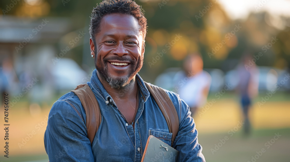Radiant African American scouting coach, tall, muscular, smiling, age ...