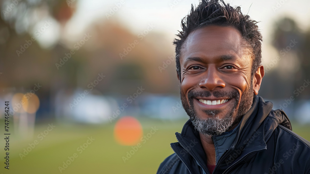 Radiant African American scouting coach, tall, muscular, smiling, age ...