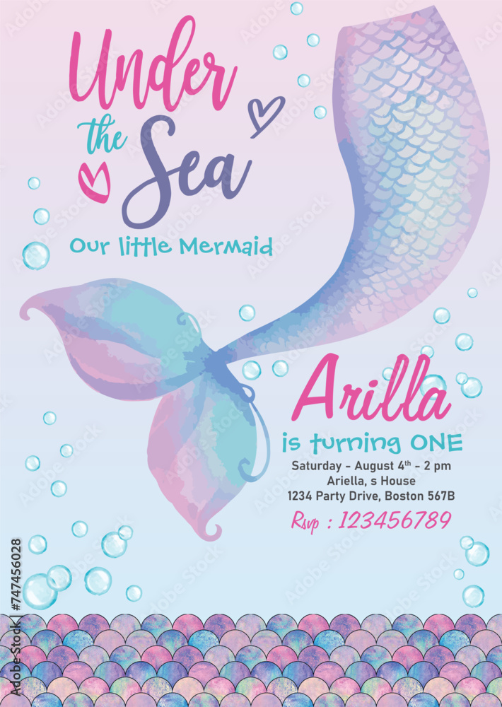 Children's mermaid birthday invitation card under water vector bubble ...
