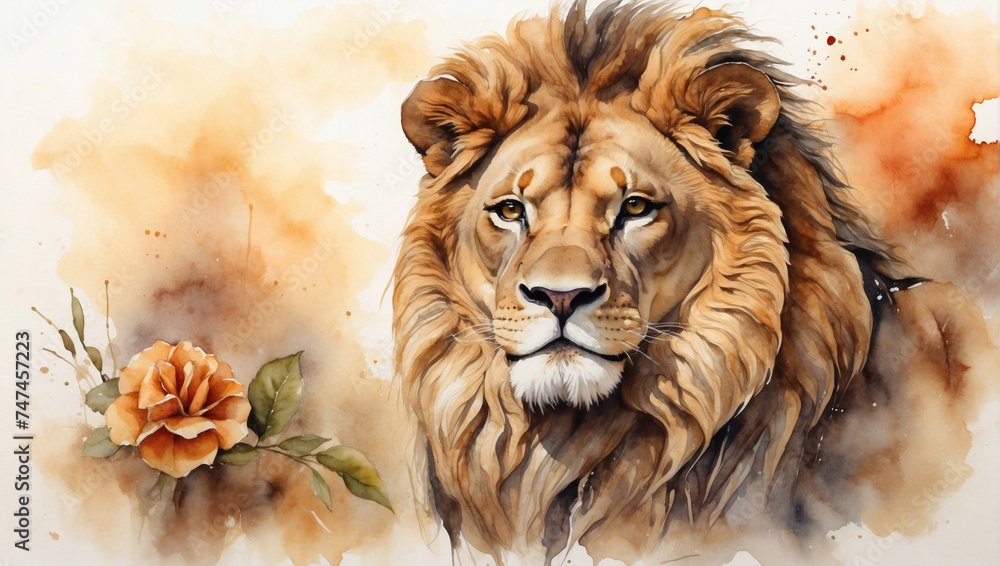Watercolor portrait of a majestic lion in a savannah setting. Animal ...
