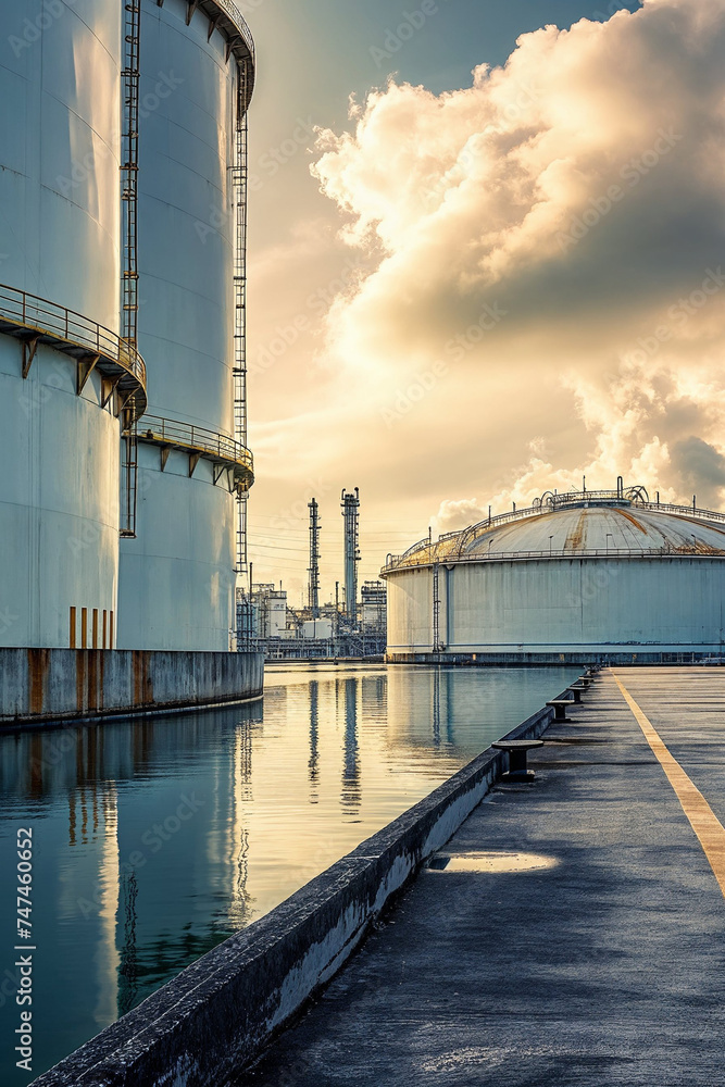 Golden sunlight bathes an oil refinery with storage tanks and ...