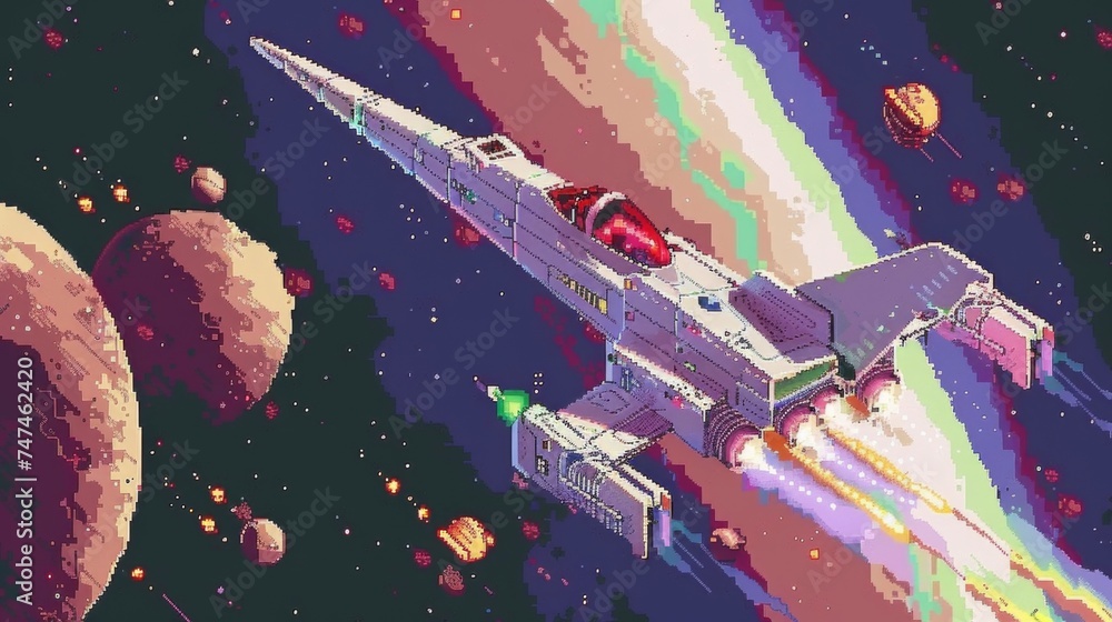 8-bit pixel art space shooter game scene featuring a detailed starship ...
