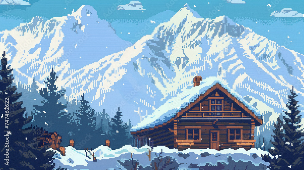 8-bit pixel art of cabin house in winter snowy nature mountains for ...