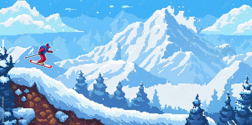 8-bit pixel art of skier jumping against snowy mountains in the ...