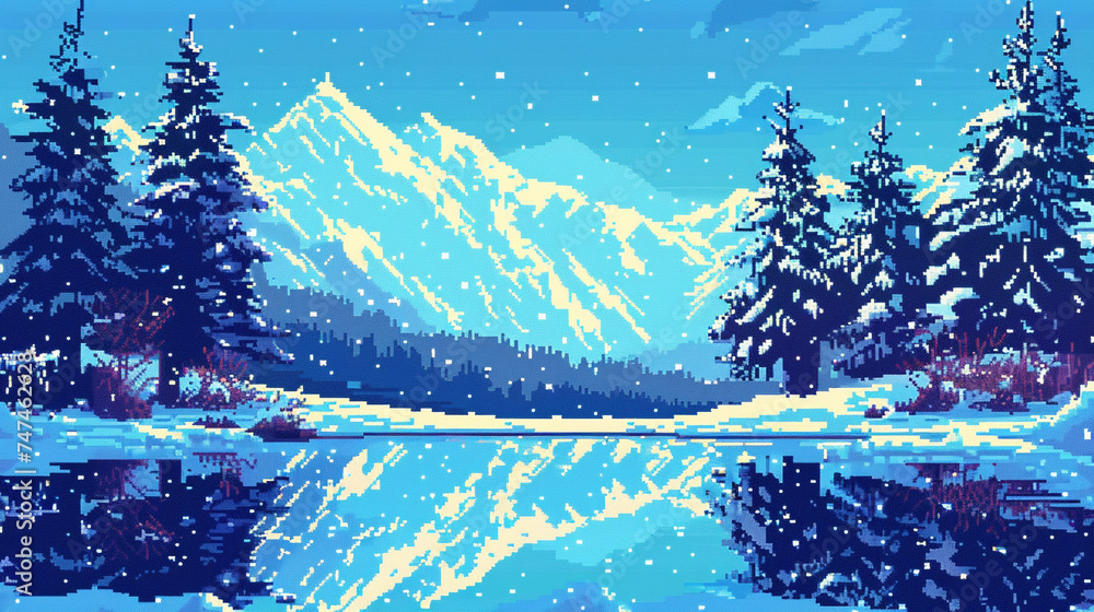8-bit pixel art of winter snowy nature mountains for background Stock ...