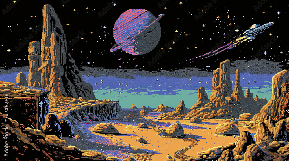 16-bit pixel art of a spaceship exploring a desert alien planet with ...