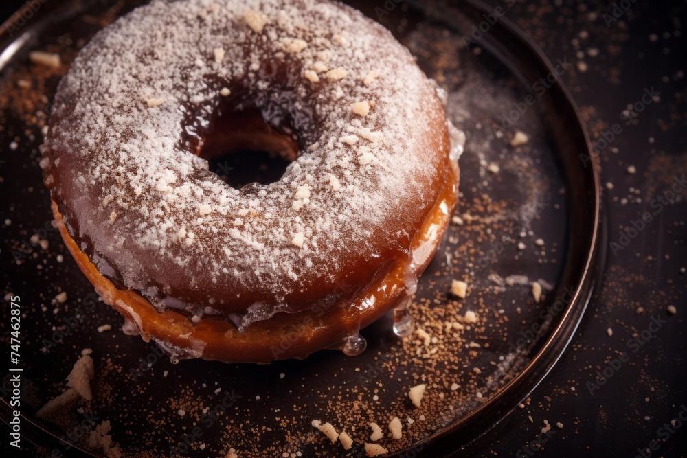 Detailed close-up photography of an exquisite doughnut on a metal tray ...