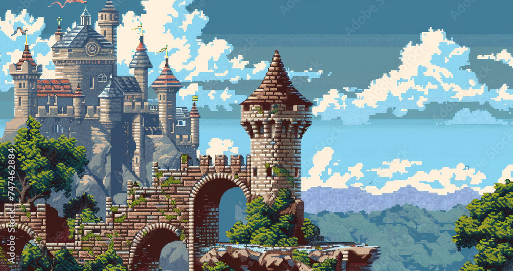 Colorful 16-bit pixel art castle perched atop an arch bridge with a ...