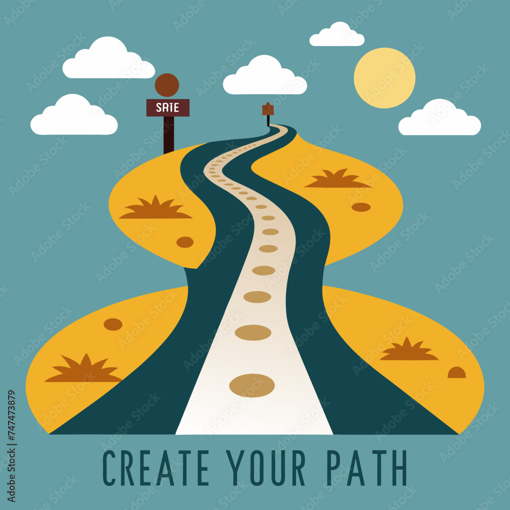 "Create your own path" with footprints diverging from a paved road ...
