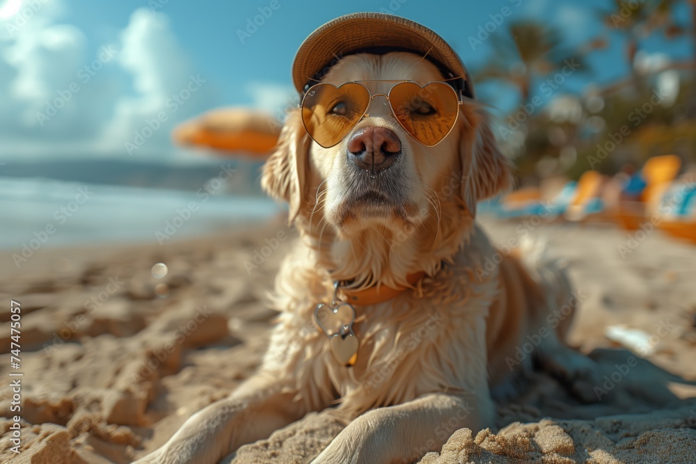 Labrador is relaxing and sunbathing on the beach, Dog on the beach wearing a cap and glasses ...