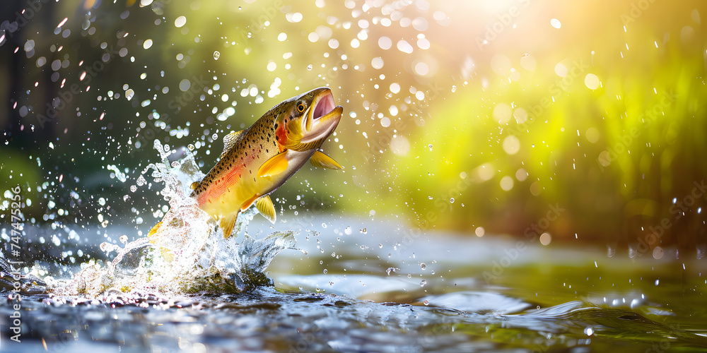 Rainbow trout jumping out of the water with a splash. Fish above water ...