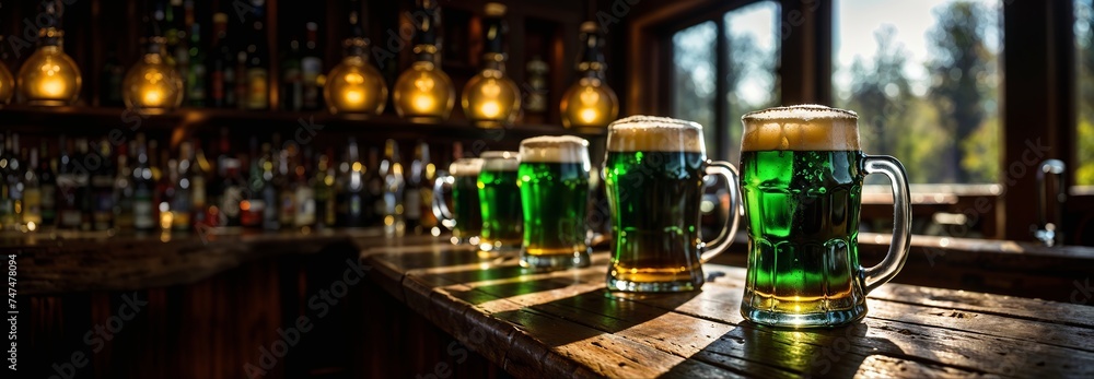 Irish Pub Scene, Line of Green Beers on Counter, St. Patrick's Day ...