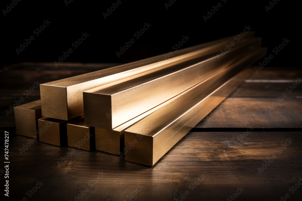 Aluminium bronze alloy CuAl10Ni5Fe4 square bars, illuminated by natural ...