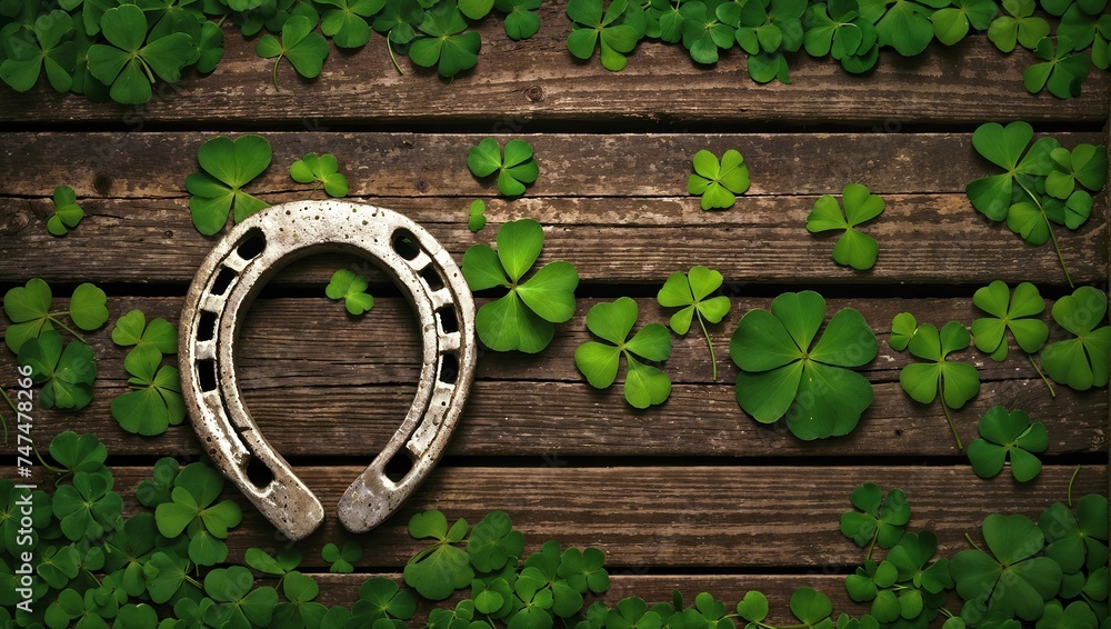 Lucky horseshoe surrounded by four-leaf clover, St. Patrick's Day ...