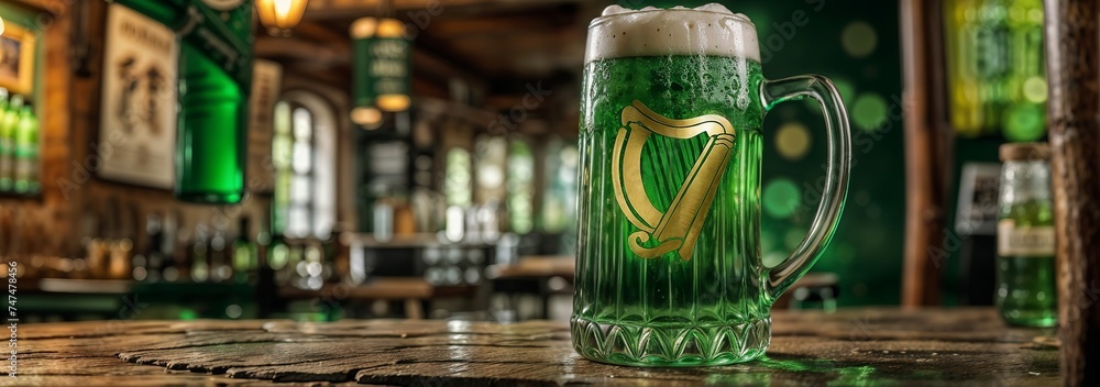 Irish green beer on bar counter with traditional Irish Celtic harp logo ...