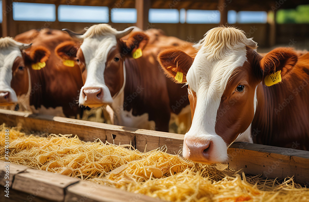 Group of cows at cowshed eating hay or fodder on dairy farm. Cows in a row grazing in a barn ...