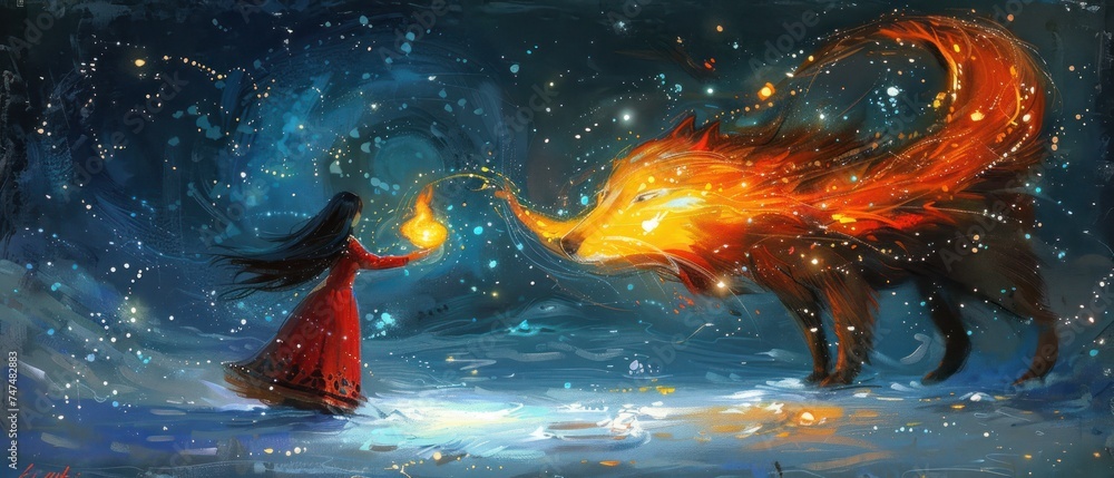 a painting of a girl and a fox facing each other with fire coming out ...