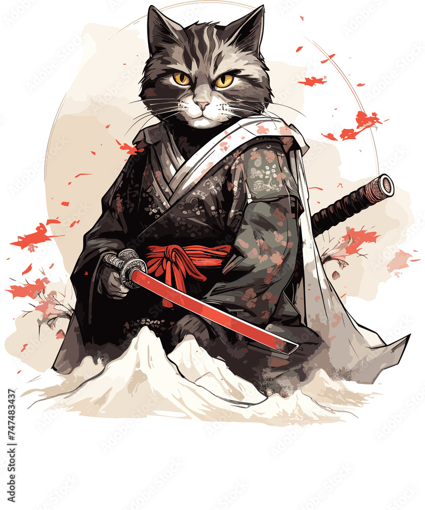 Japanese samurai cat in cute kawaii anime style with ninja sword and ...