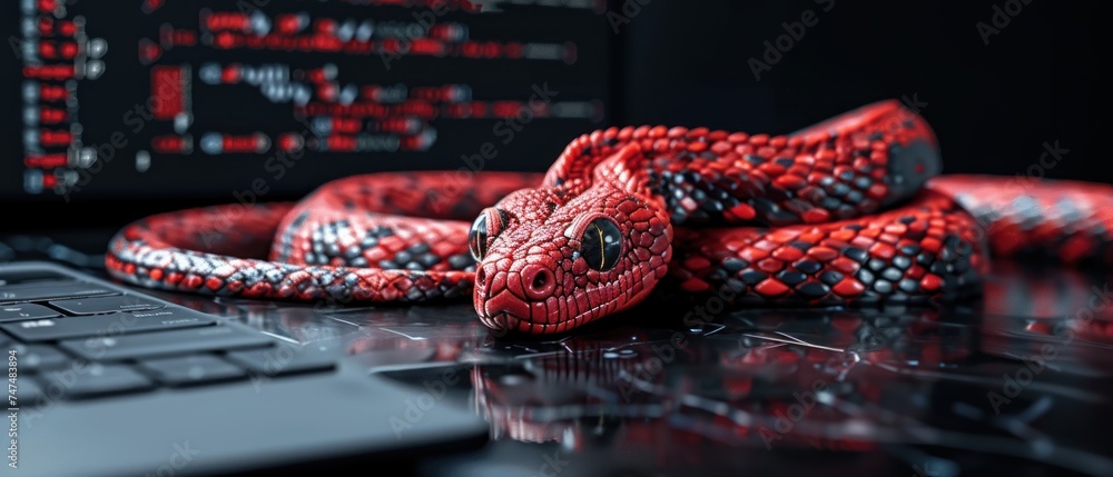 a red and black snake laying on top of a laptop computer next to a ...