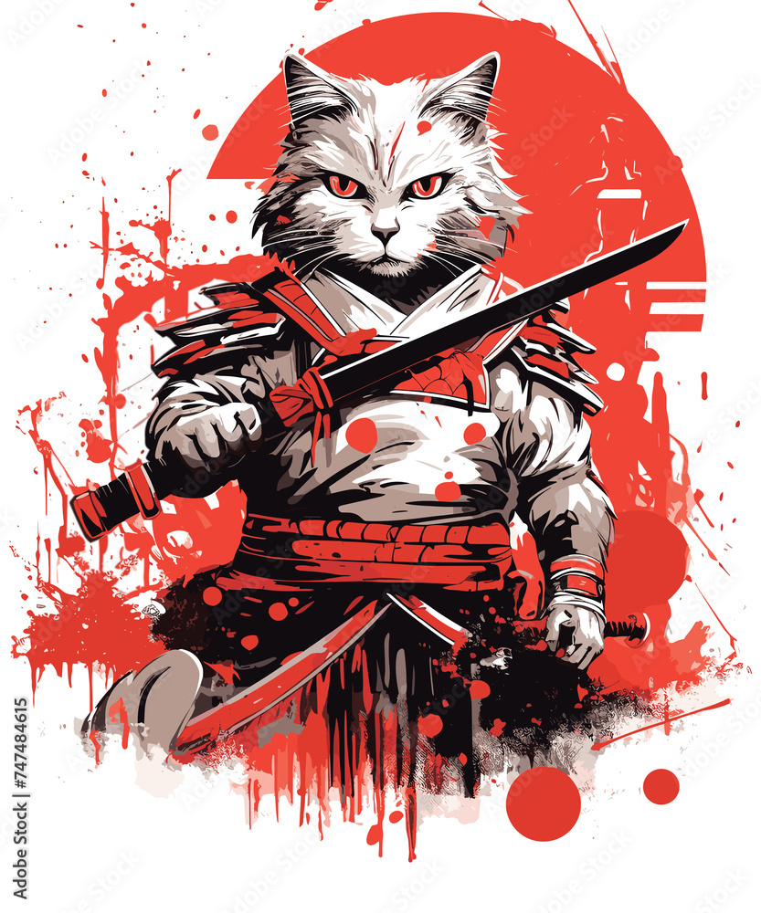 Japanese samurai cat in cute kawaii anime style with ninja sword and ...