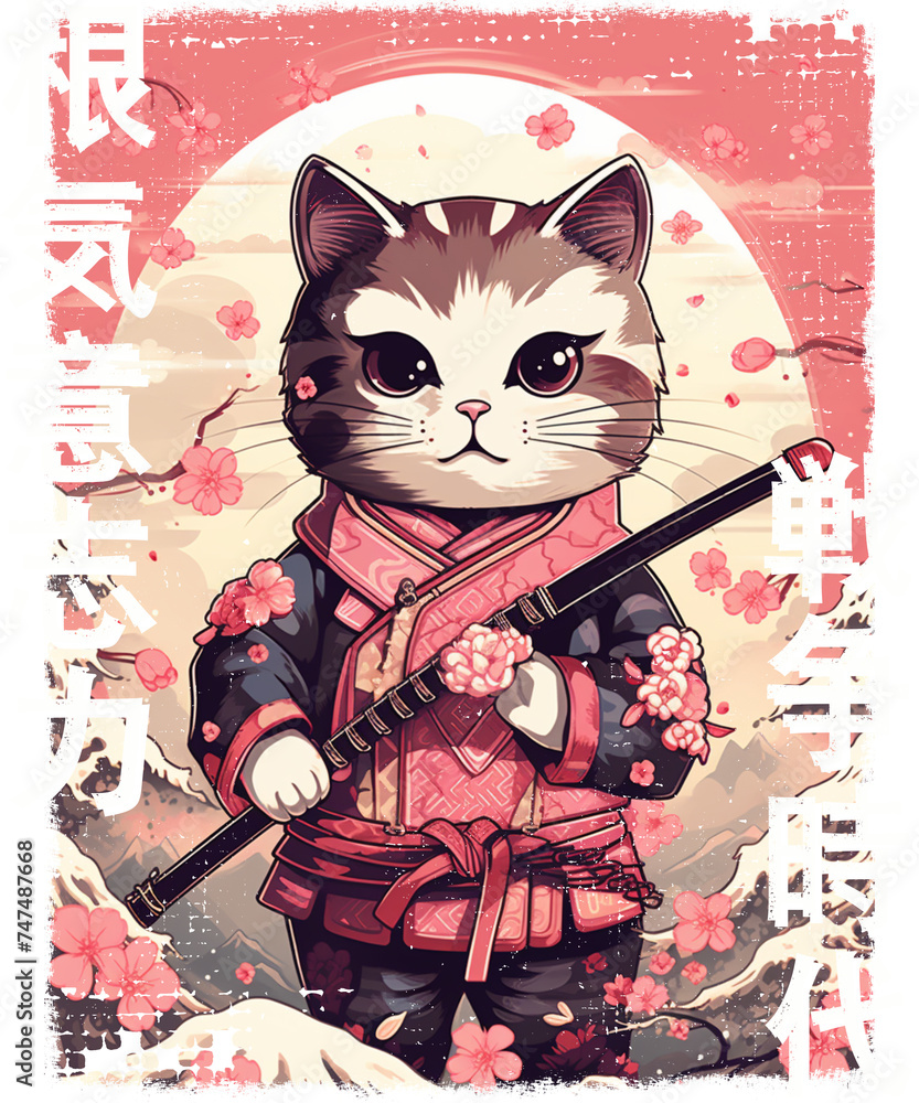 Japanese samurai cat in cute kawaii anime style with ninja sword and ...