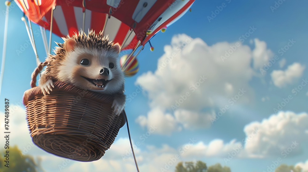 Hedgehog enjoying a balloon ride in the sky - A whimsical image of a ...
