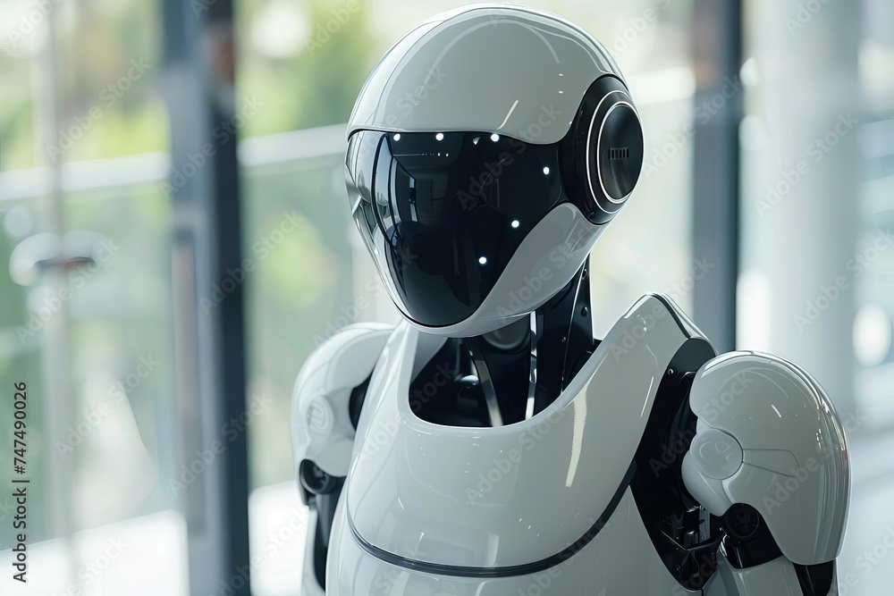 Artificial intelligence chatbot depicted as a humanoid robot engaged in ...