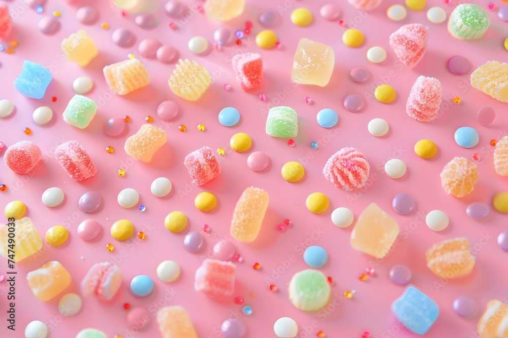 Assorted sugary delights on a pink surface - Close up of different ...