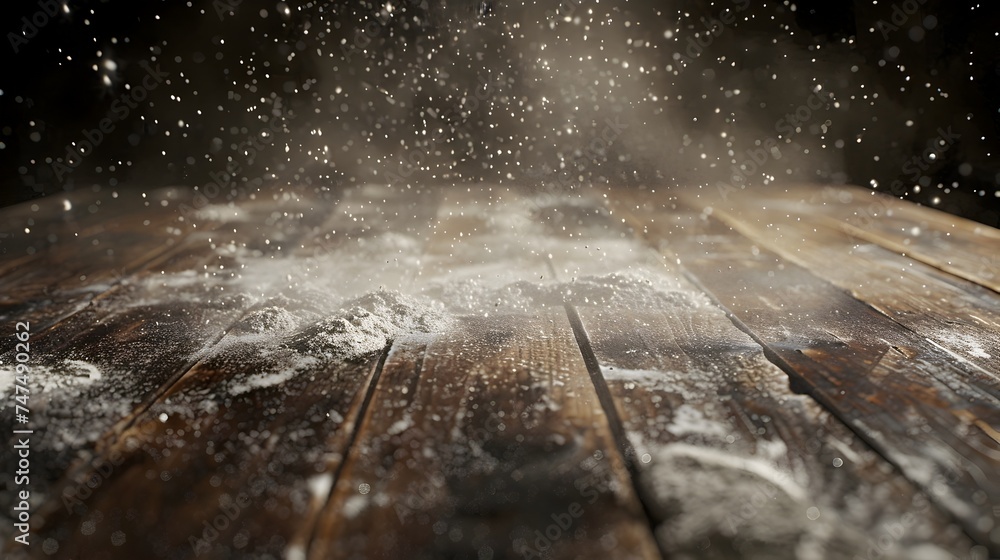Flour dust cloud above a rustic wooden table - A dynamic explosion of ...