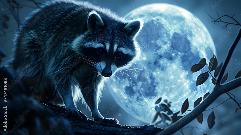 Raccoon prowling under full moon - Intensely detailed image of a ...