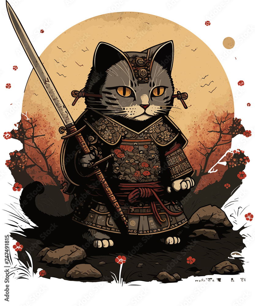 Japanese samurai cat in cute kawaii anime style with ninja sword and ...