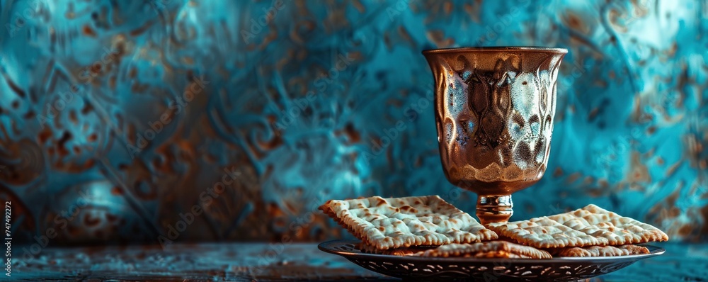 Jesish kiddush wine cup for passover with matzot, matzo bread. Pesah ...