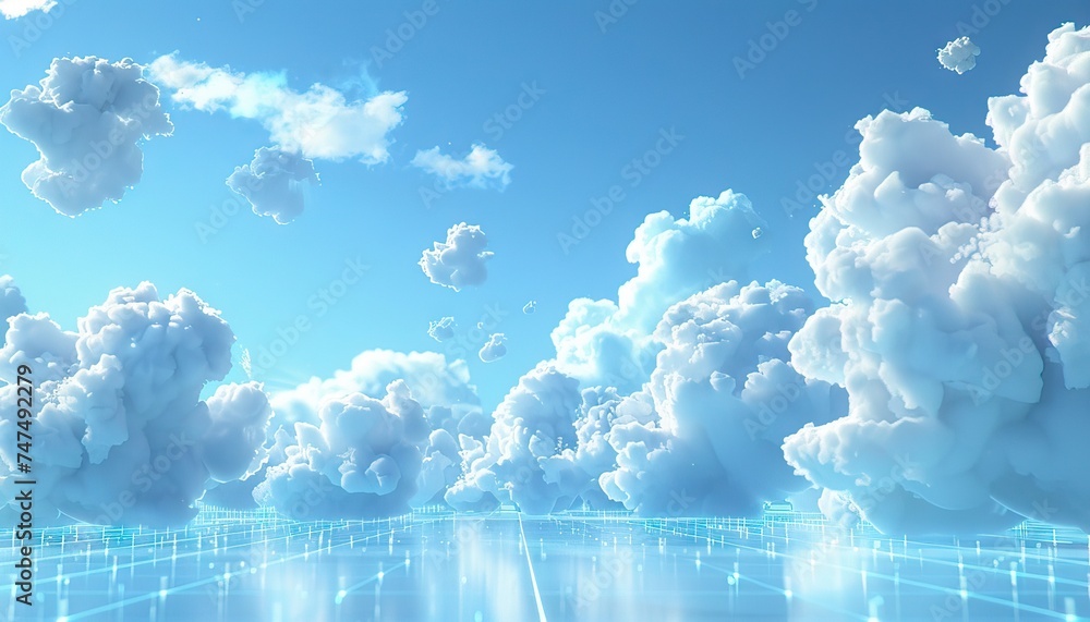 computing cloud as seen from behind, grid-based, sky-blue , flat shapes ...