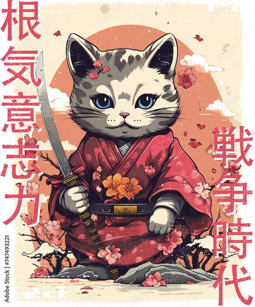Japanese samurai cat in cute kawaii anime style with ninja sword and ...
